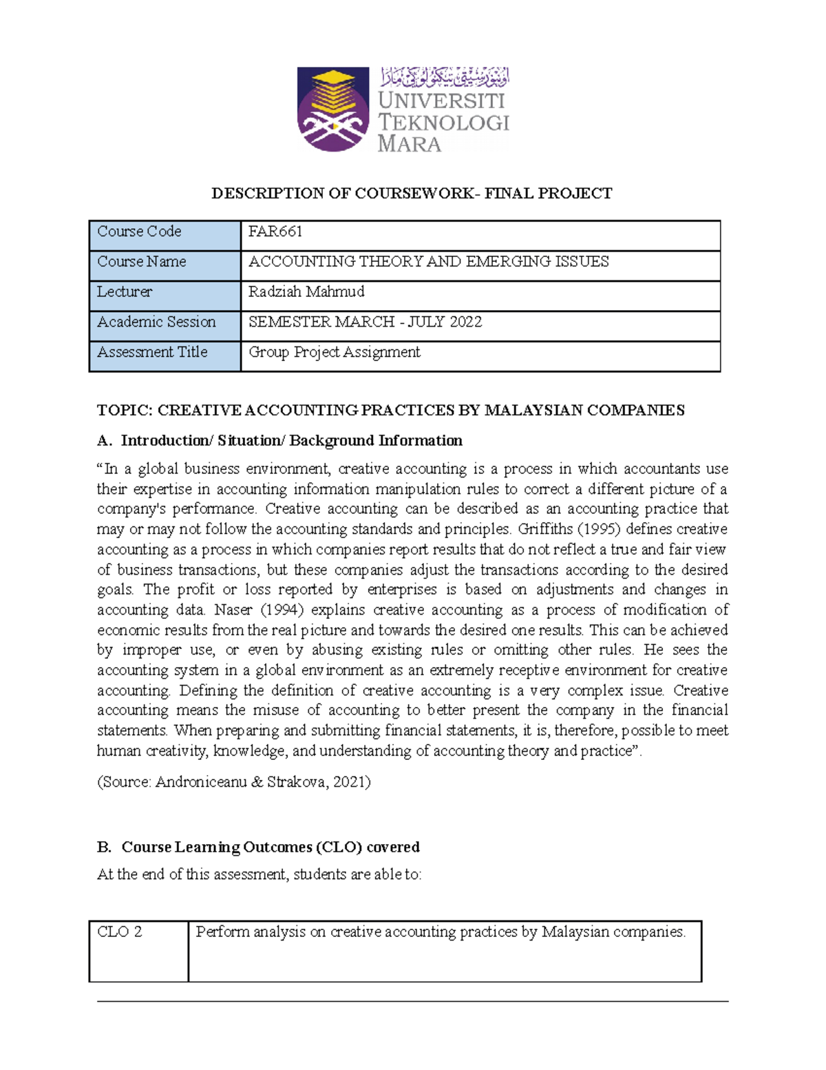Project Assignment FAR661 March 2022 - DESCRIPTION OF COURSEWORK- FINAL PROJECT Course Code FAR ...