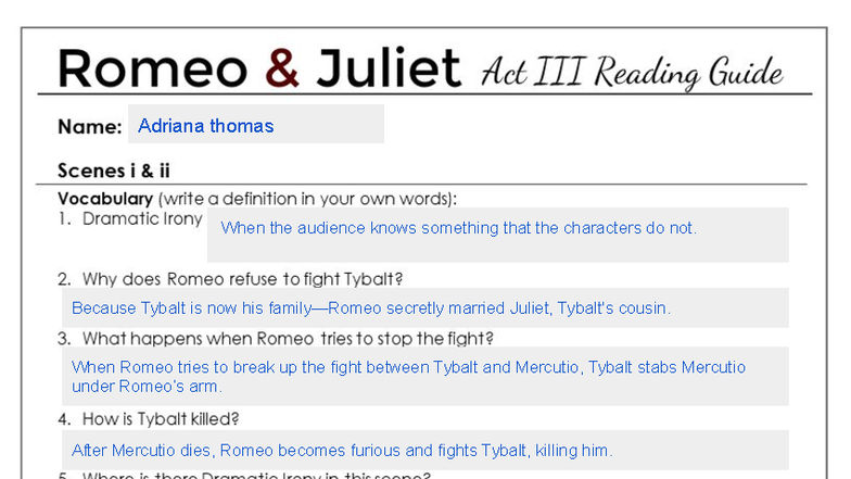 Romeo and Juliet Act III Reading Guide Analysis - Studocu