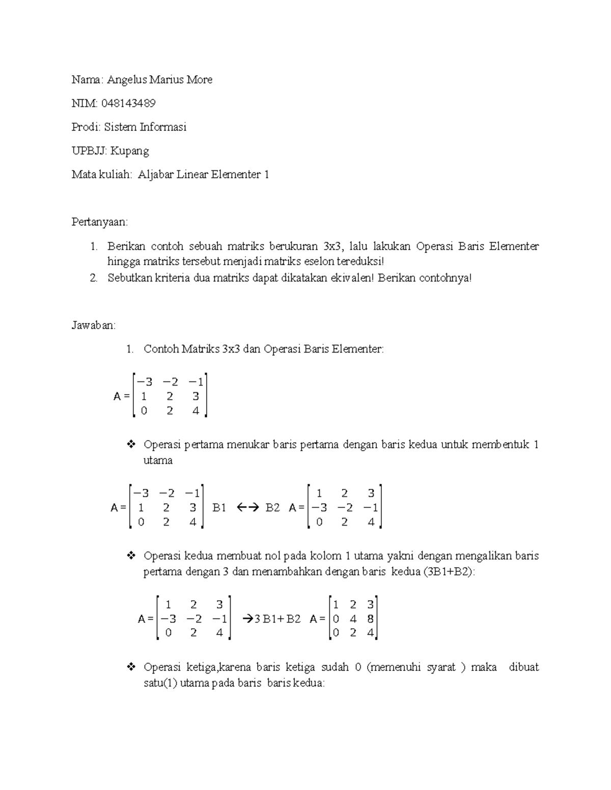 Diskusi 2: Operasi Baris Elementer pada Matriks 3x3 - Aljabar Linear 1 ...