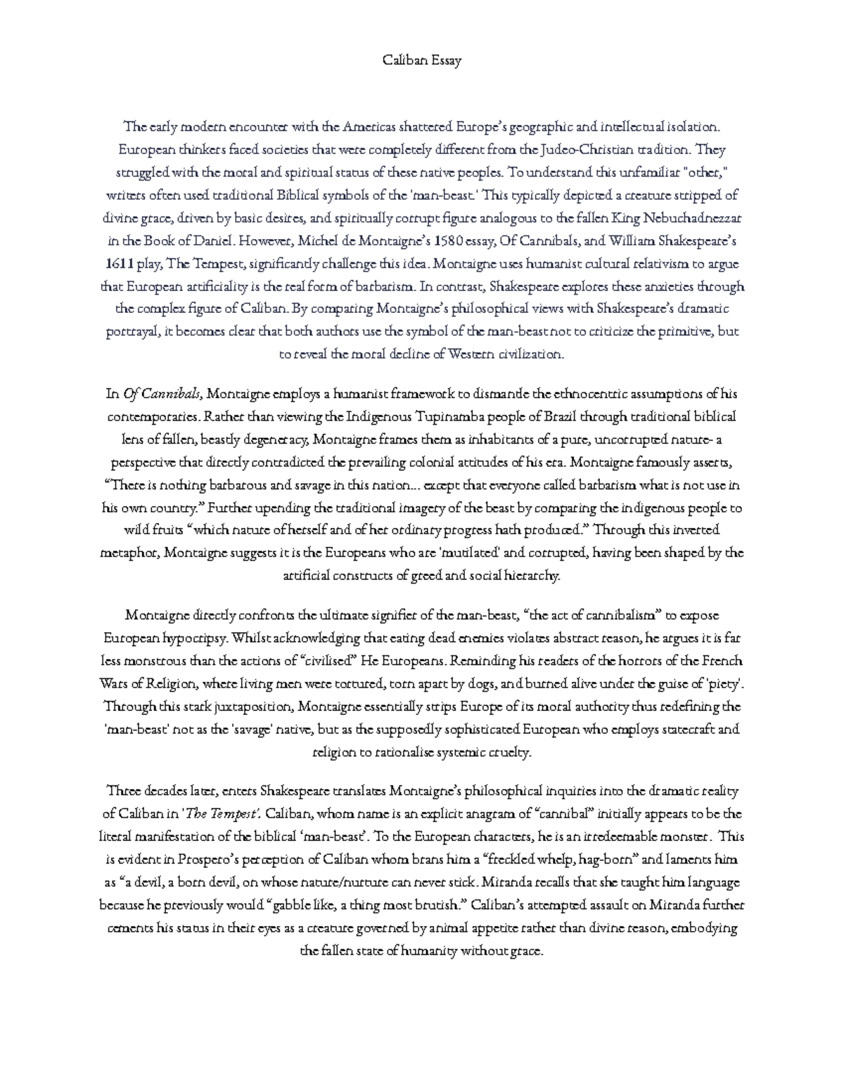 The Tempest and Montaigne Essay: Exploring Caliban's Symbolism - Studocu