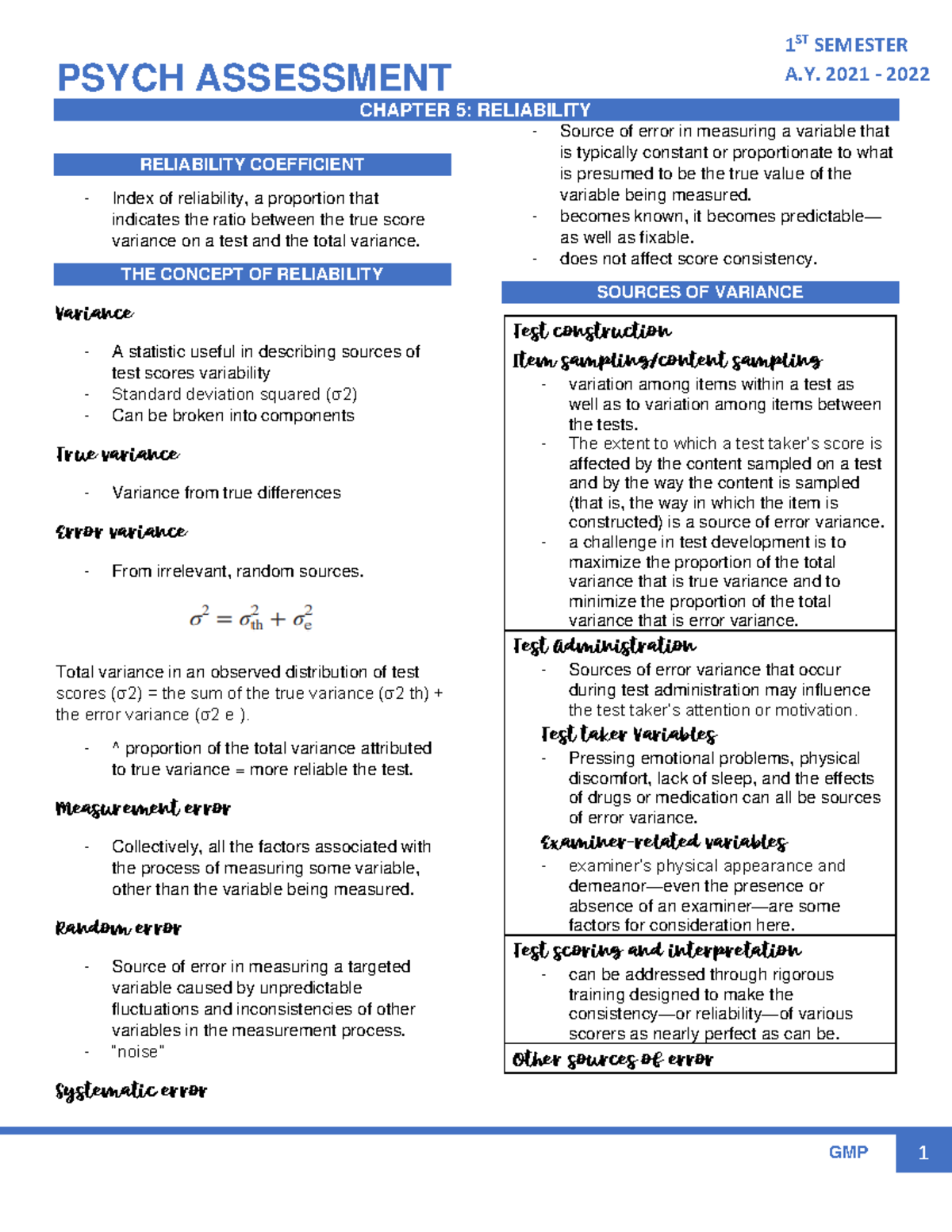 Psychological Assessment PSYCH - Chapter 5: Understanding Reliability ...