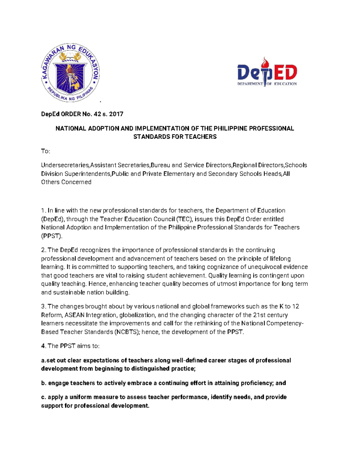 DepEd Order No. 42 s. 2017: Implementation of Philippine Teacher ...