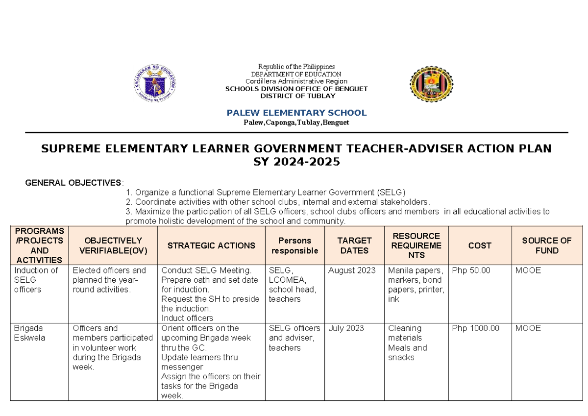 SELG Action Plan for Holistic Development - SY 2023-2024 - Studocu