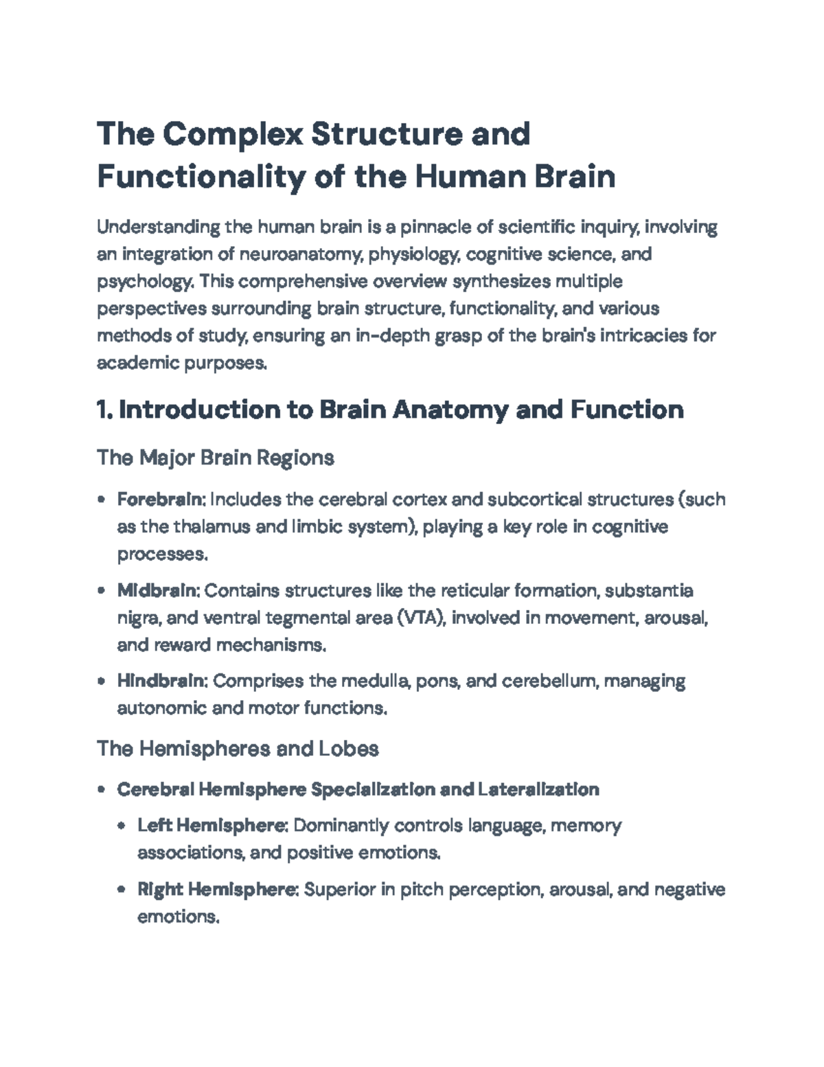 Comprehensive Overview of Brain Structure and Functionality in ...