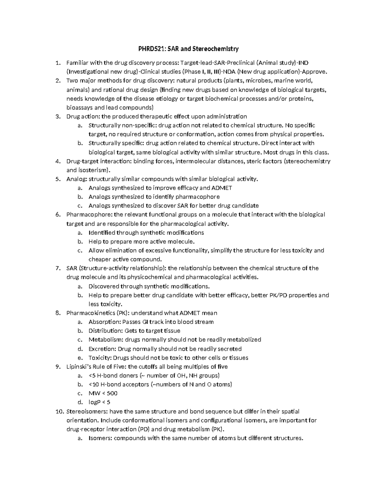 PHRD521: SAR and Stereochemistry Study Guide for Drug Discovery - Studocu