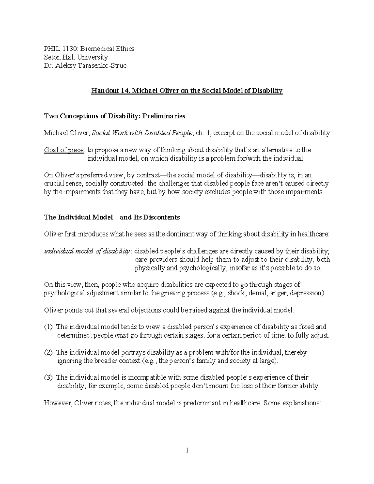 PHIL 1130: Analyzing Michael Oliver's Social Model of Disability - Studocu