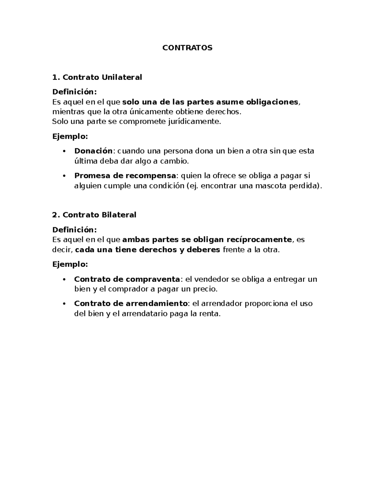 CONTRATOS 1: Unilaterales y Bilaterales - Definiciones y Ejemplos - Studocu