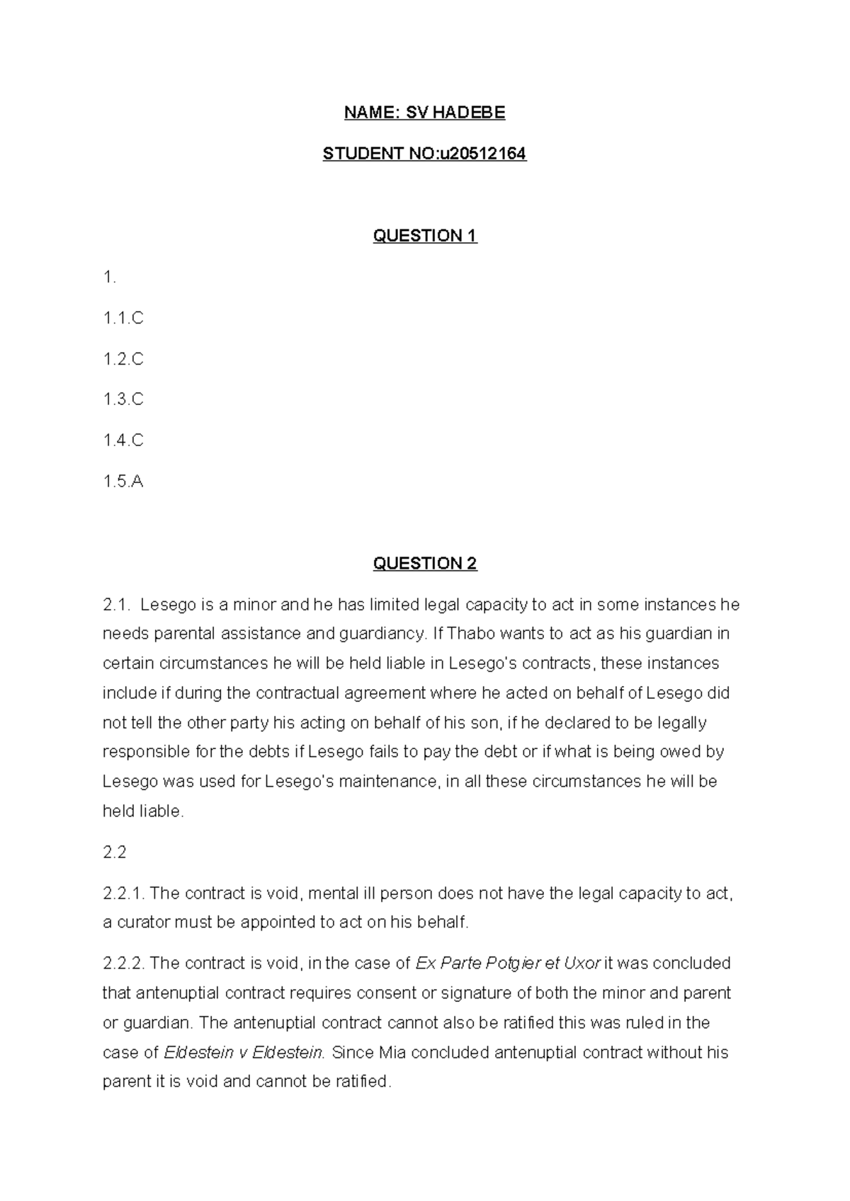 PSR EXAM - Legal Capacity and Estate Issues in Minor Contracts - Studocu