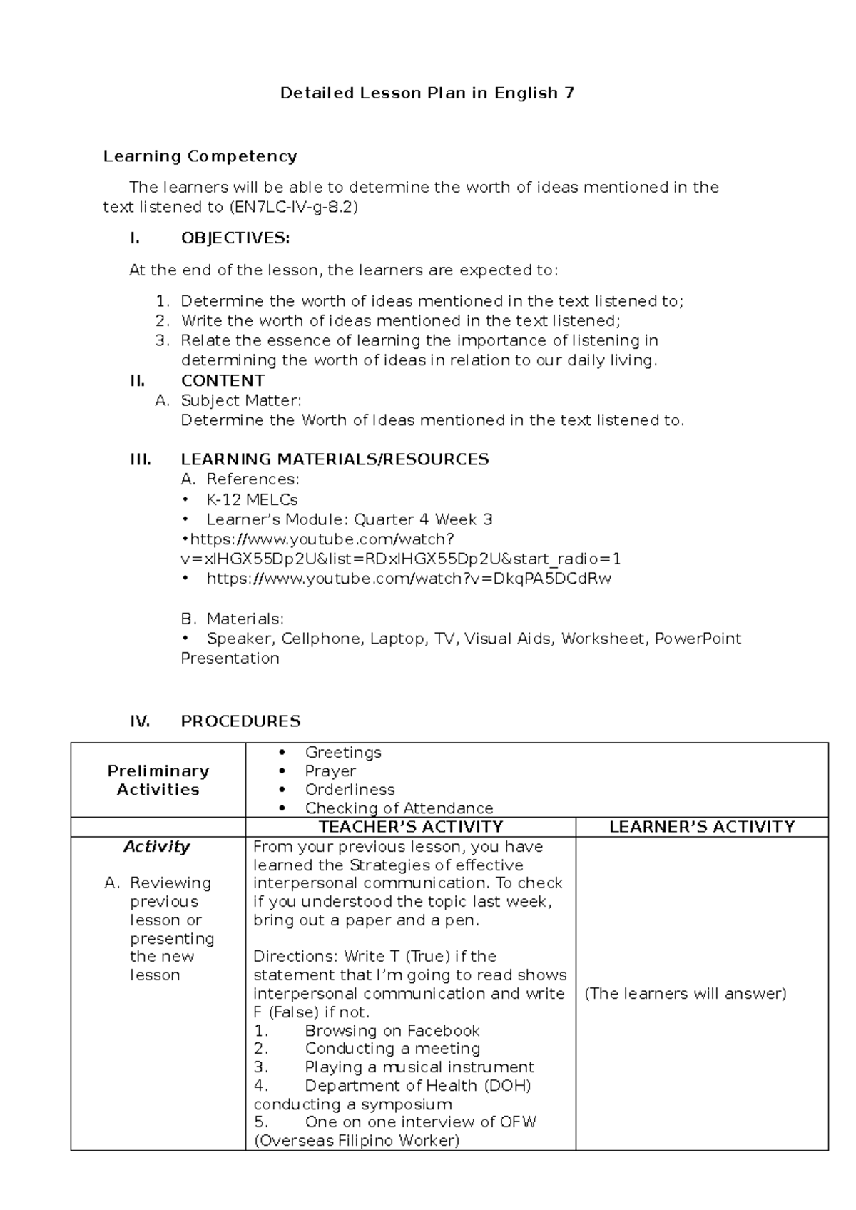 Detailed Lesson Plan: Determining Worth of Ideas in English 7 - Studocu