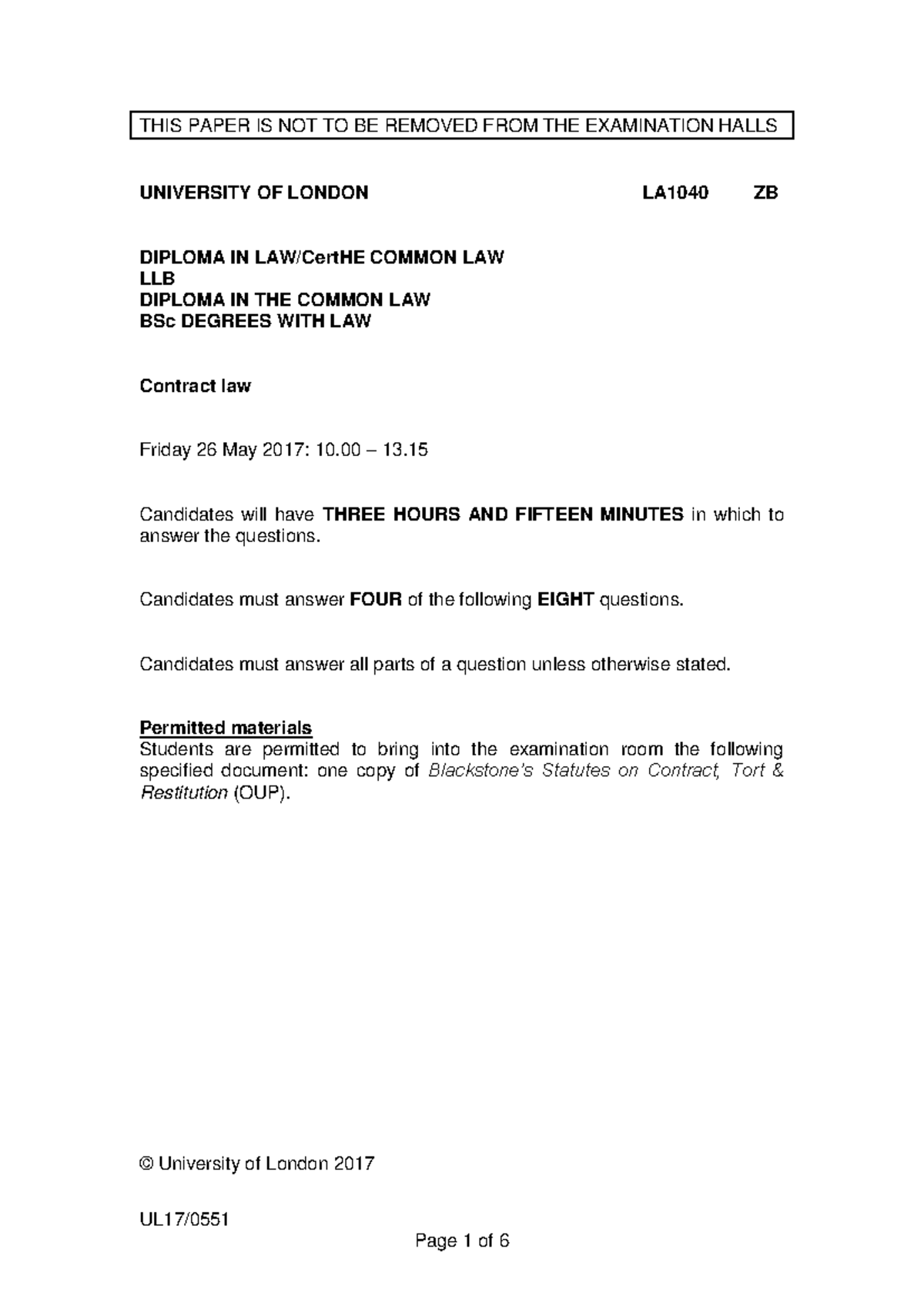 Contract Law Exam Pattern Analysis: UL17 LA1040 ZB Overview and ...