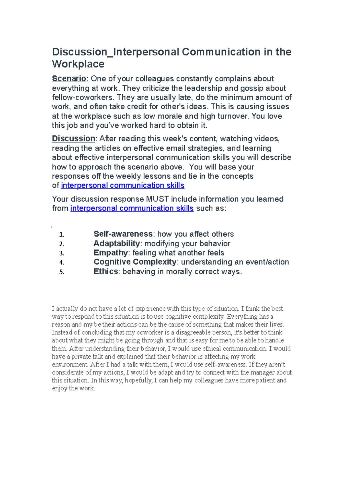 Discussion Interpersonal Communication in the Workplace - Discussion ...