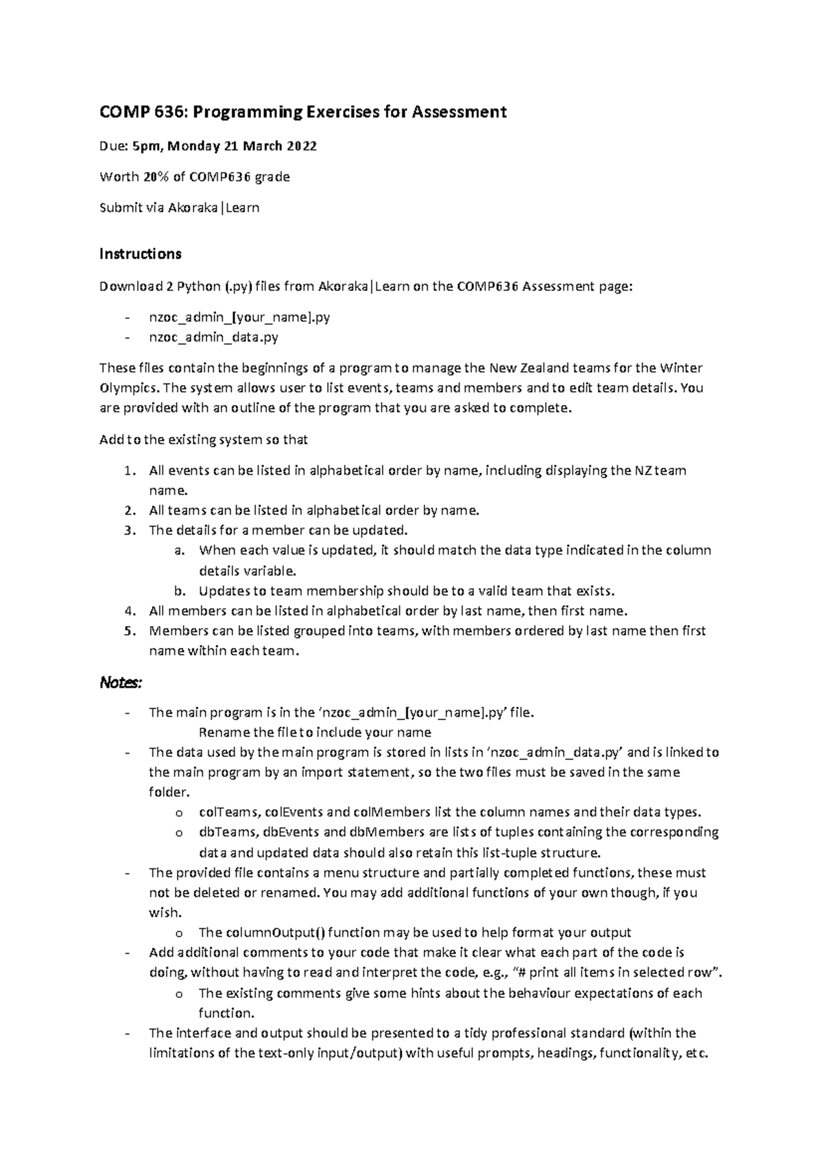 COMP636 S1 2022 Python Assessment Instructions and Details - Studocu