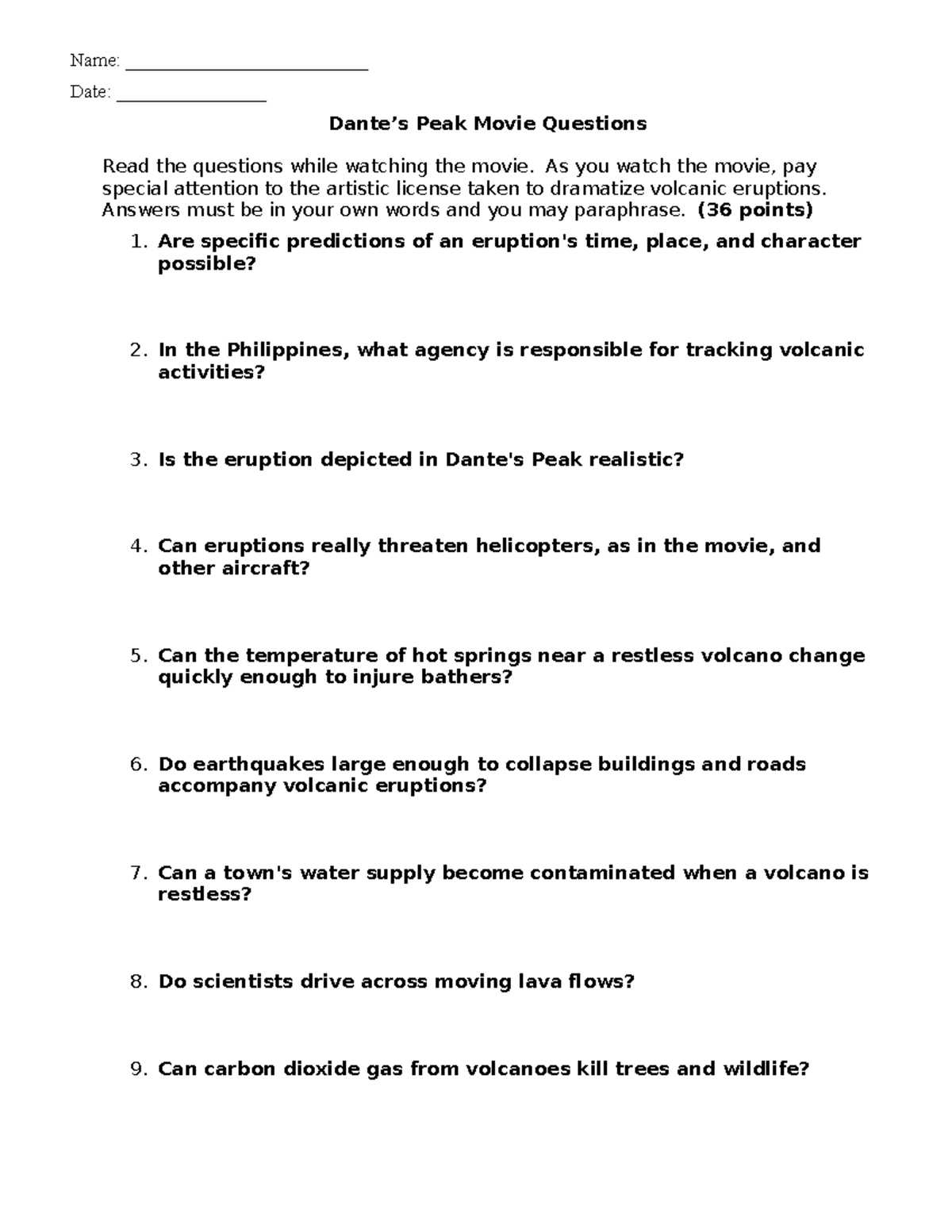 Dantes Peak-Movie-Questions - Dante’s Peak Movie Questions Read the ...