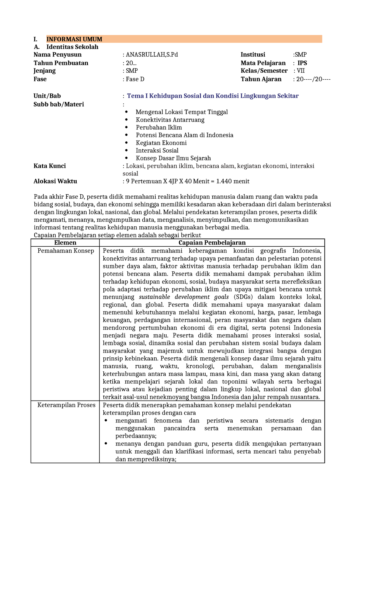 Contoh RPP IPS Kelas VII: Tema Kehidupan Sosial dan Lingkungan - Studocu