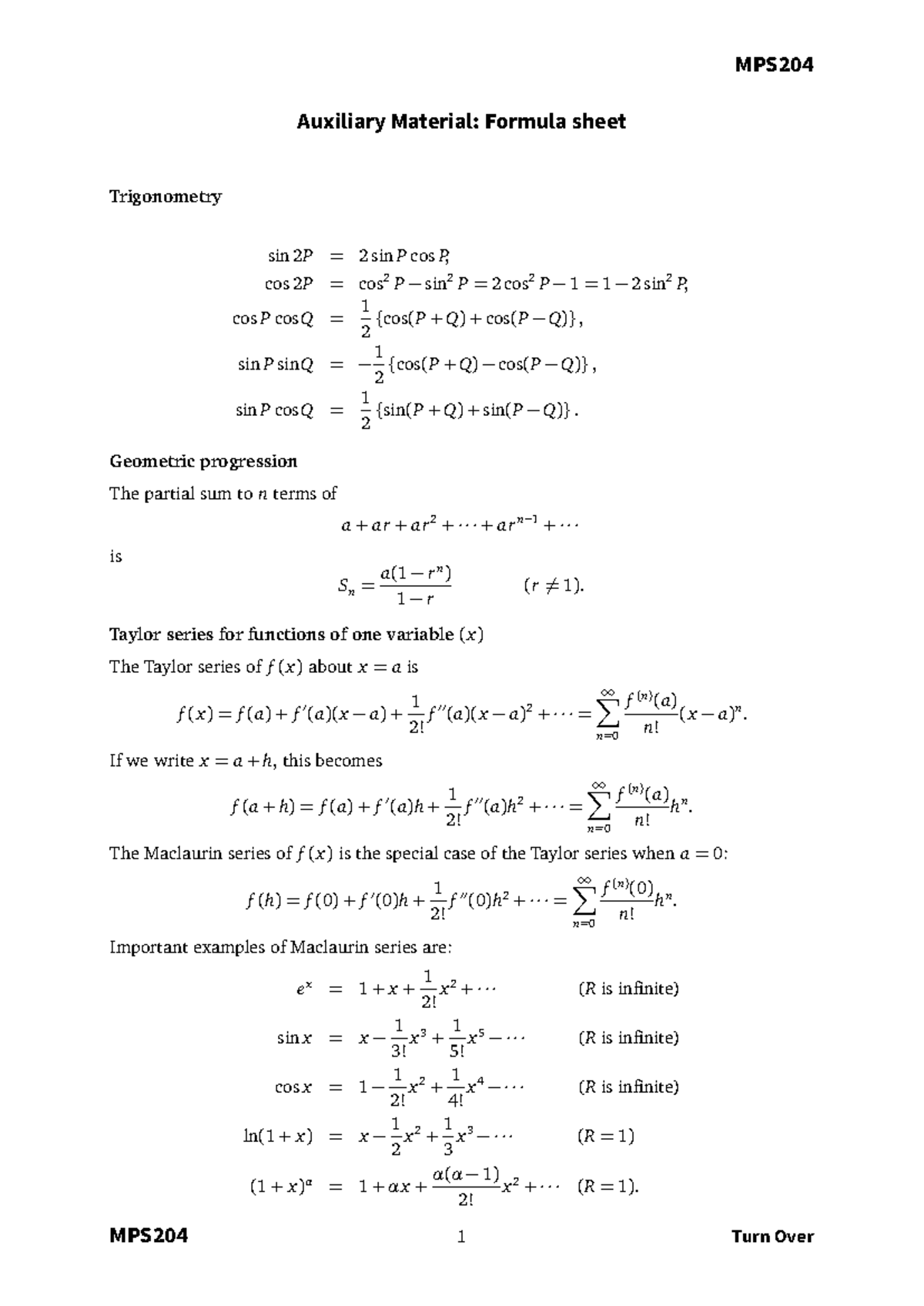 MPS204 Formula Sheet: Trigonometry, Taylor Series, and Laplace ...
