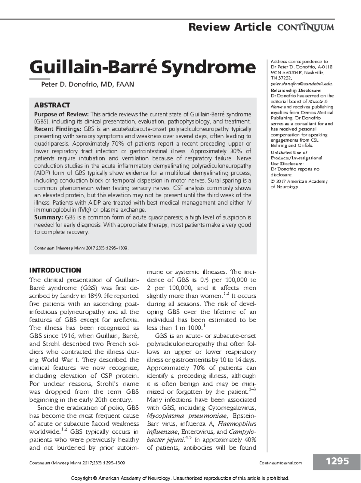 Guillain-Barre Syndrome Review Article - Peter D. Donofrio, MD, FAAN ...
