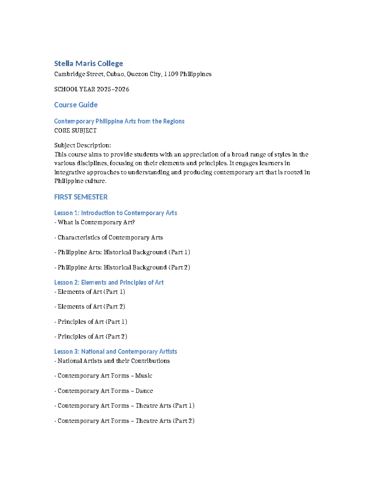 Contemporary Philippine Arts Course Guide 2025-2026: Lessons ...