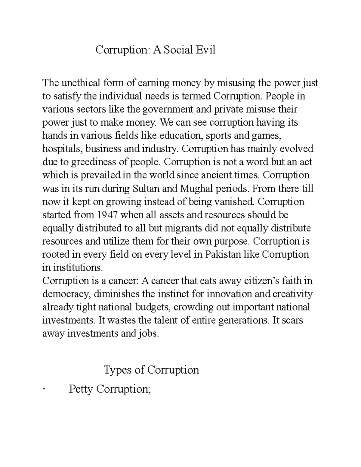 The Impact of Corruption as a Social Evil - Mohsin Raza - Studocu