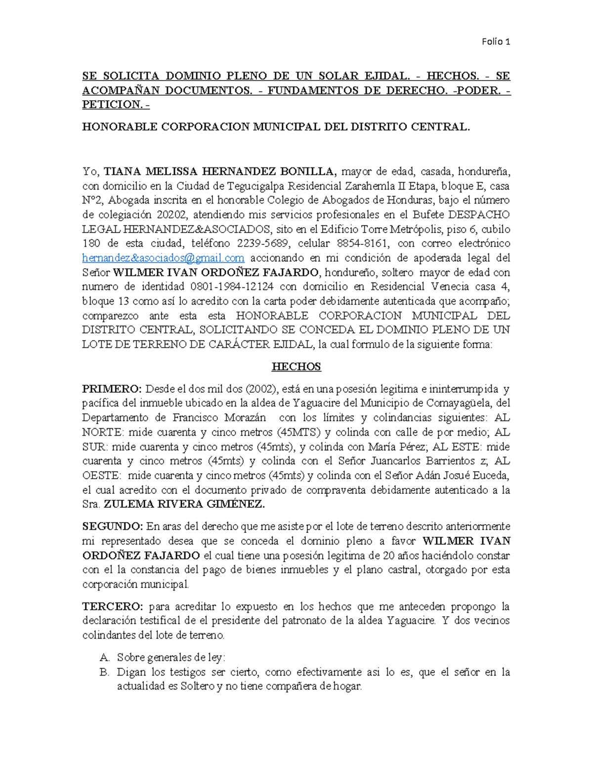 Solicitud de Dominio Pleno de Solar Ejidal - Caso Wilmer Ordóñez - Studocu