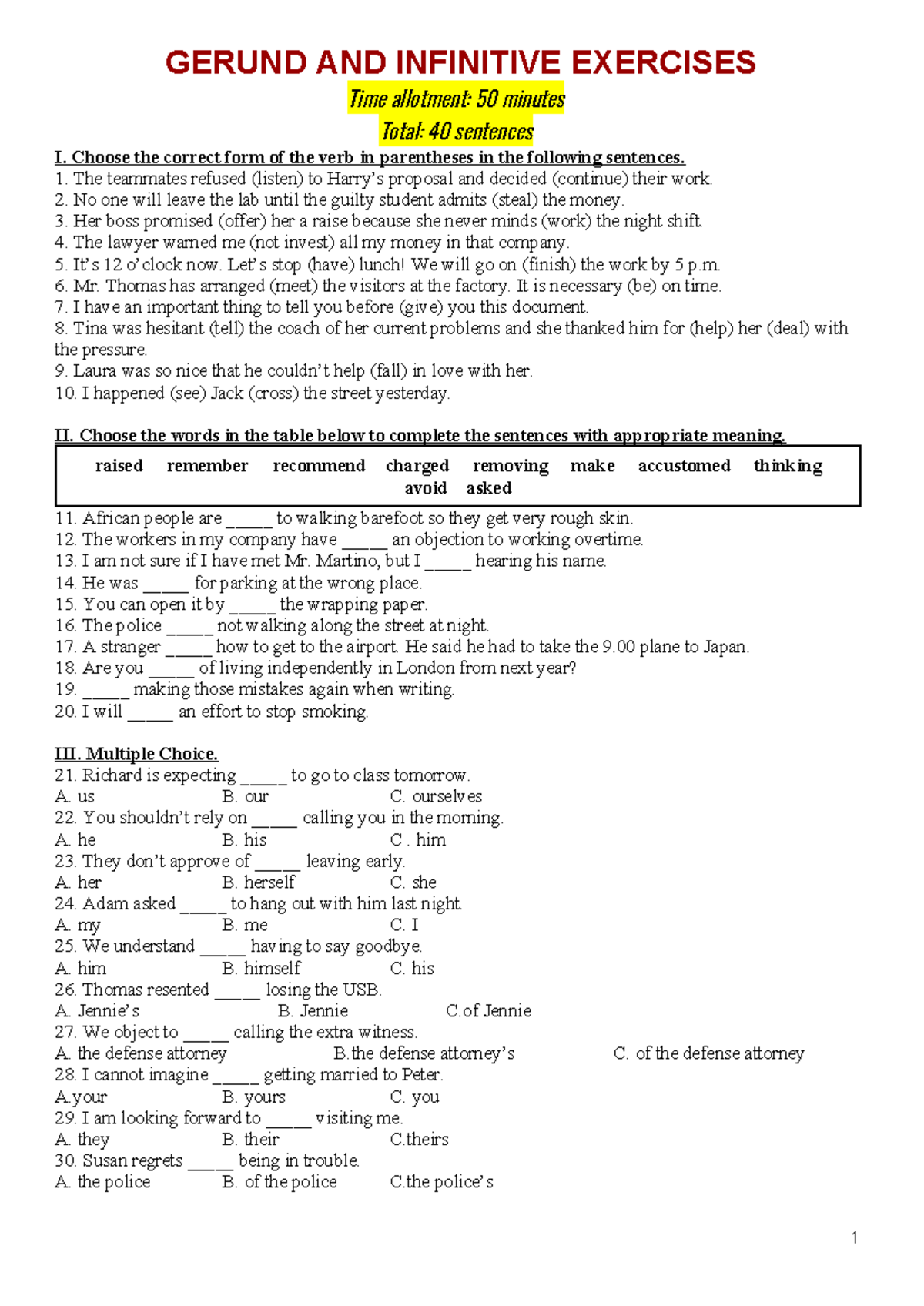 GER 101: Gerunds and Infinitives Exercises for Practice - Studocu