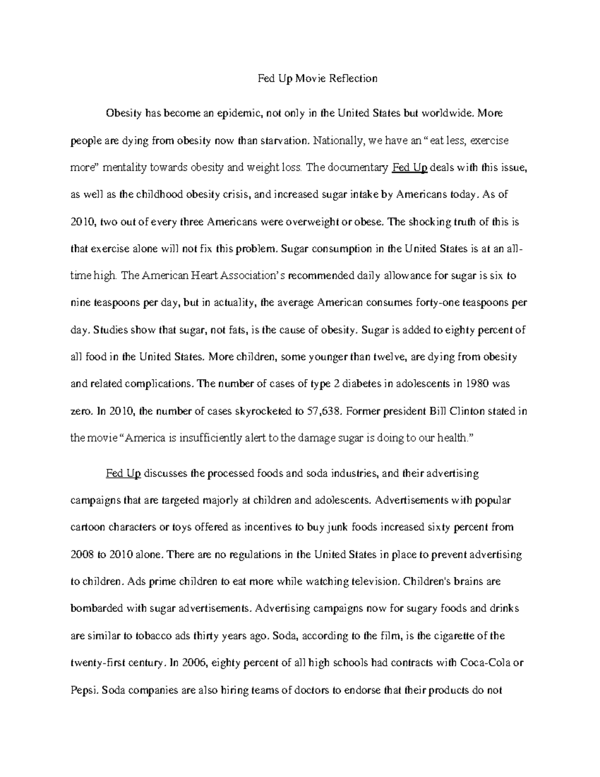 Fed Up Movie Reflection: Explaining the Obesity Epidemic and Sugar ...