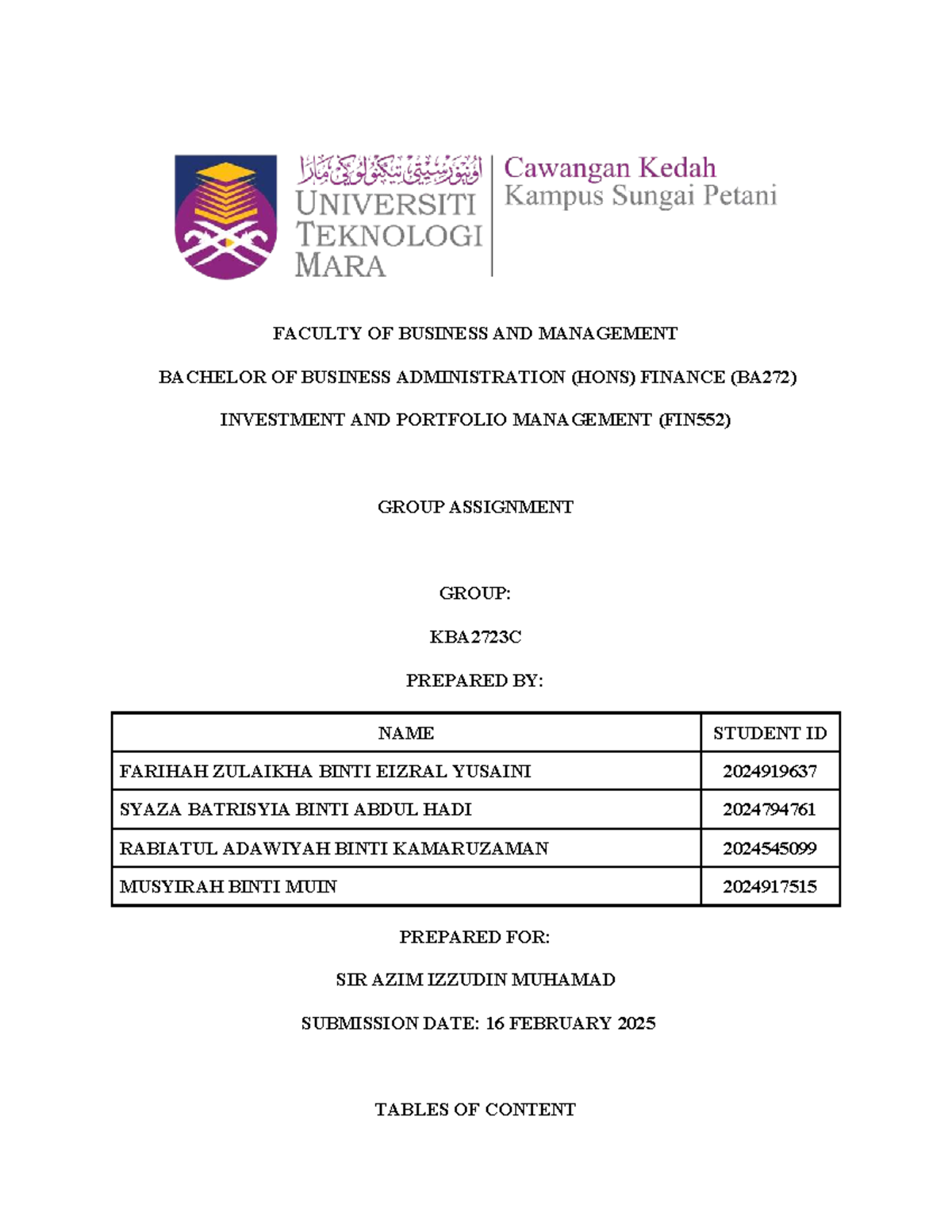FIN552 Investment & Portfolio Management Group Assignment Report - Studocu