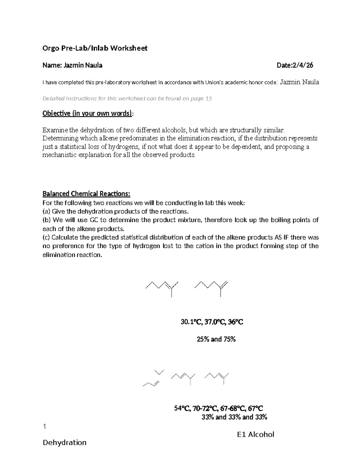 Orgo 141142 Pre-Lab: Dehydration E1 Alcohol Worksheet - Studocu