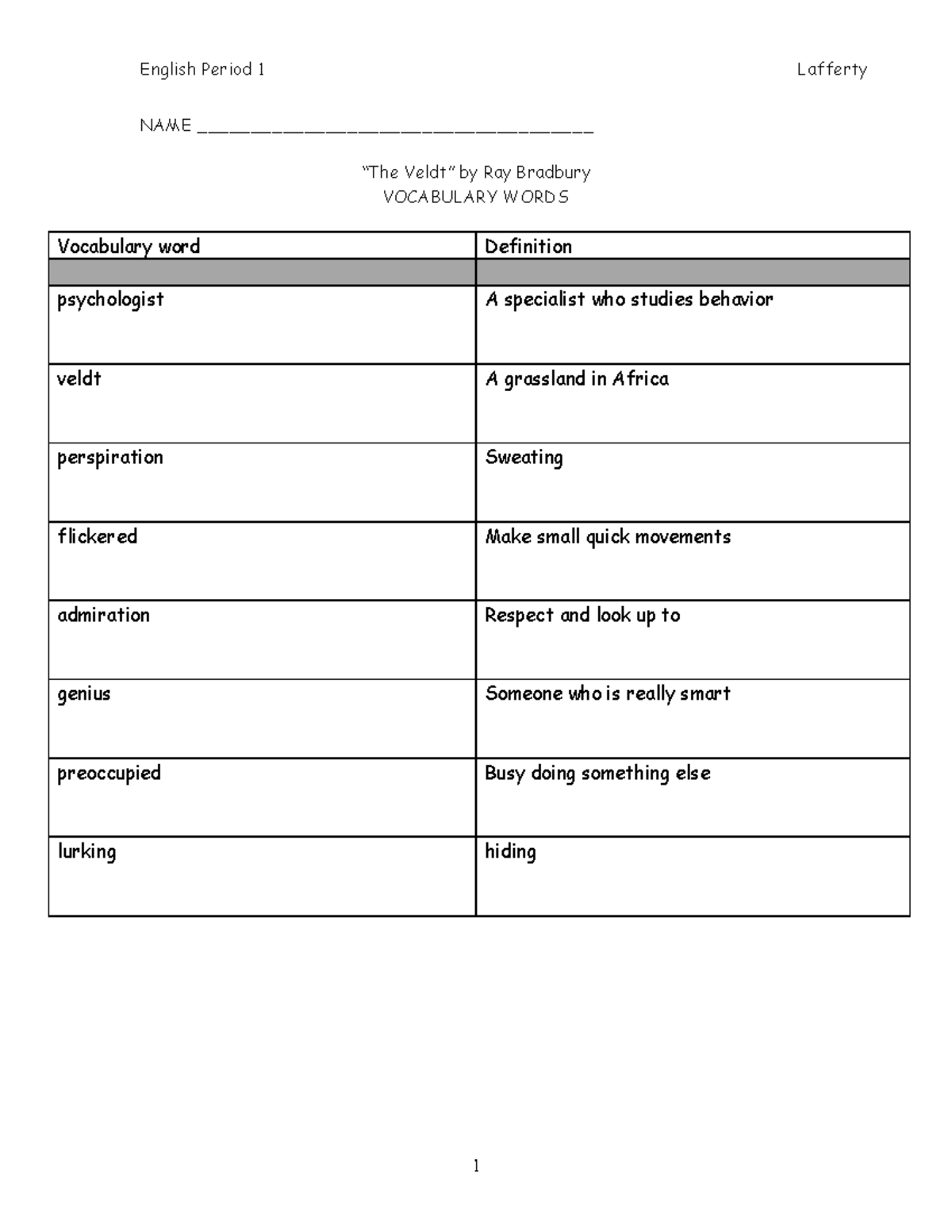 The Veldt comprehension questions answers 1-3 - NAME