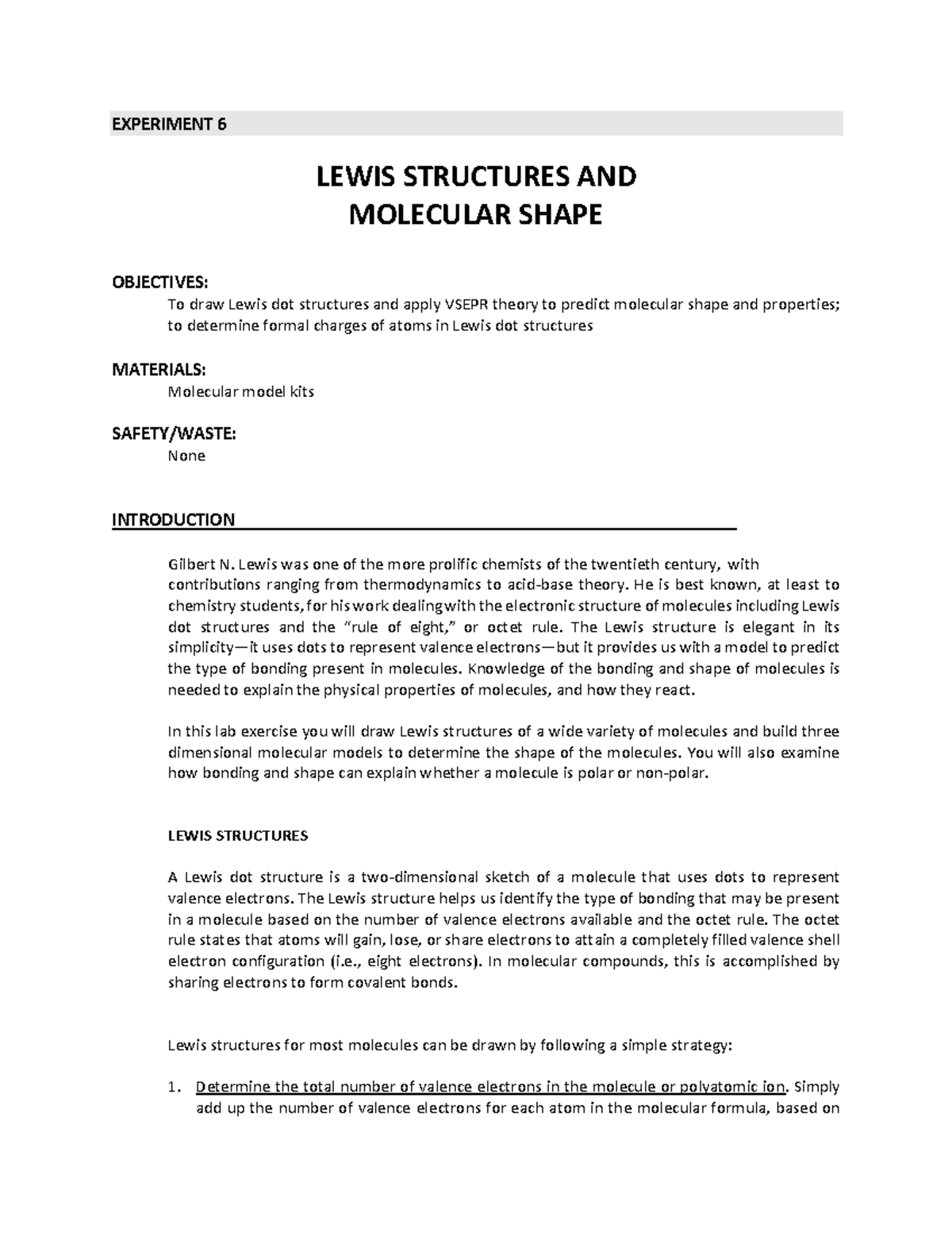 Experiment 6: Lewis Structures & Molecular Shapes - VSEPR Theory ...
