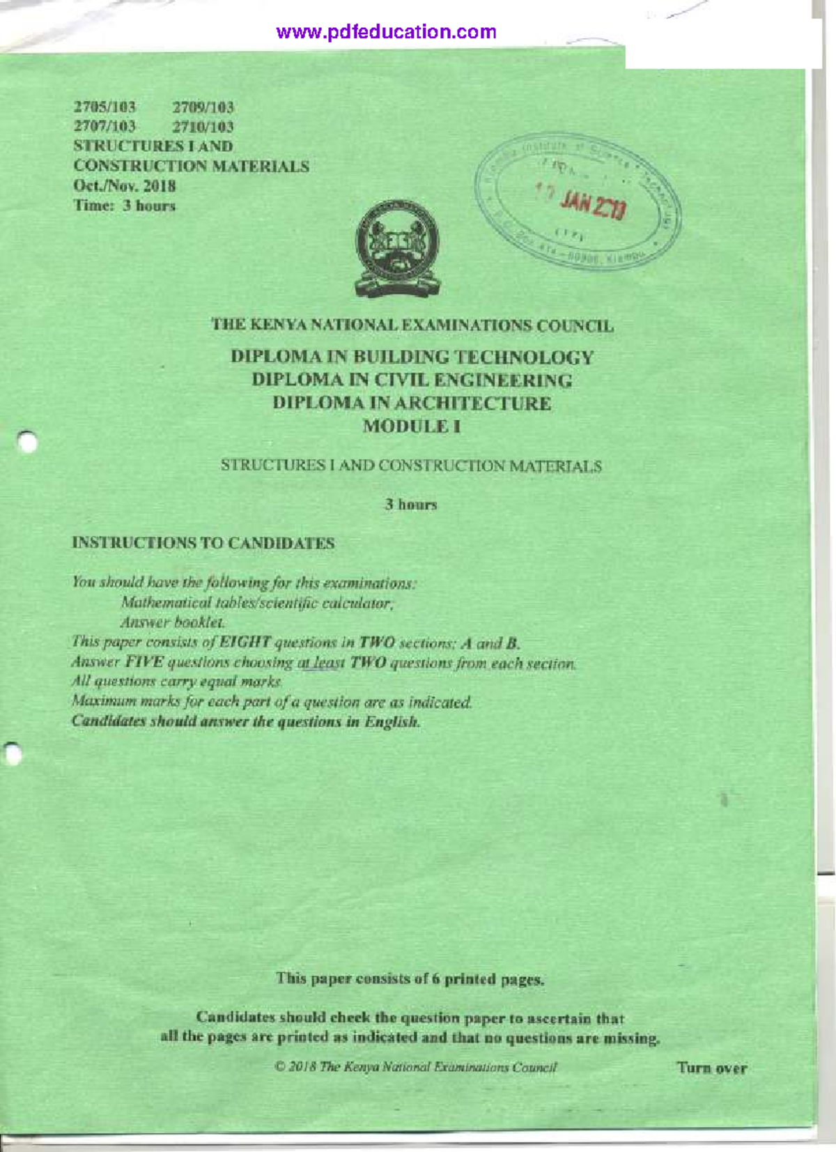 Construction Materials I KNEC Nov 2018 Past Exam Papers - Studocu