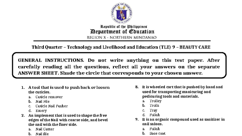 3RD Quarter TLE 9 Exam: Beauty Care General Instructions - Studocu