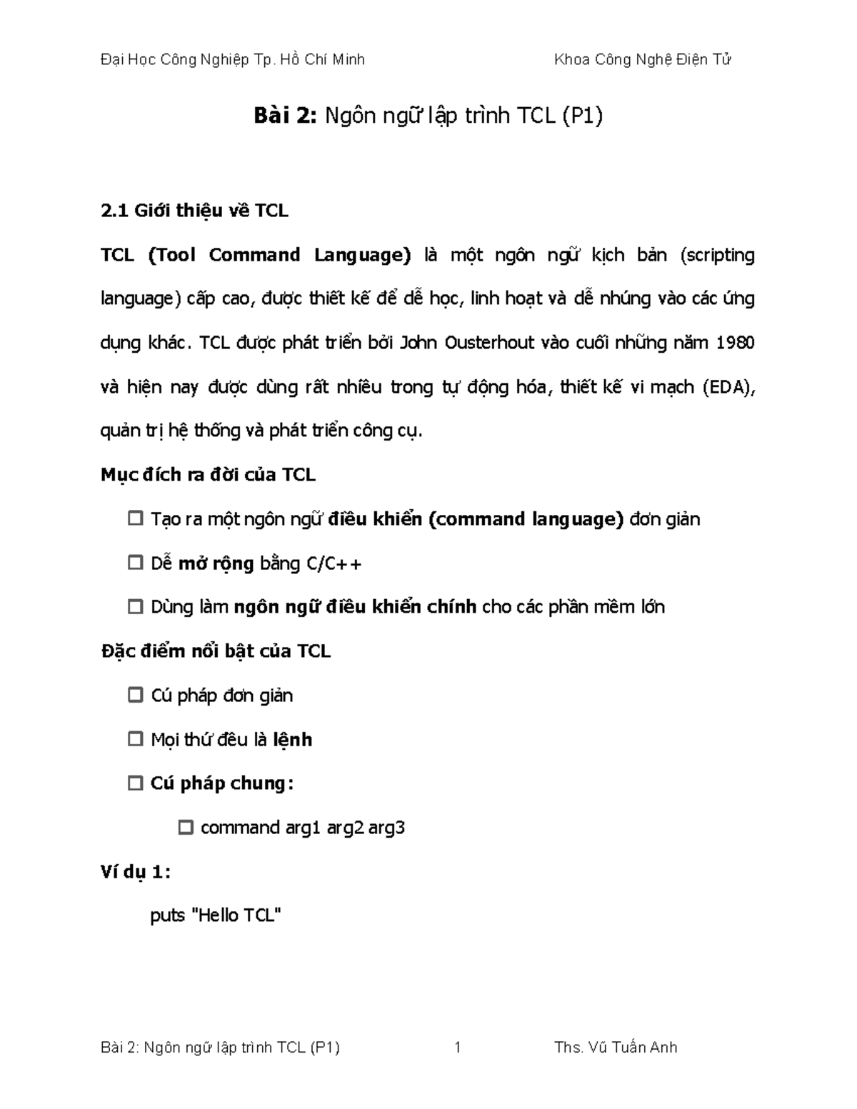 TH2 - Ngôn ngữ lập trình TCL (Phần 1) - Studocu
