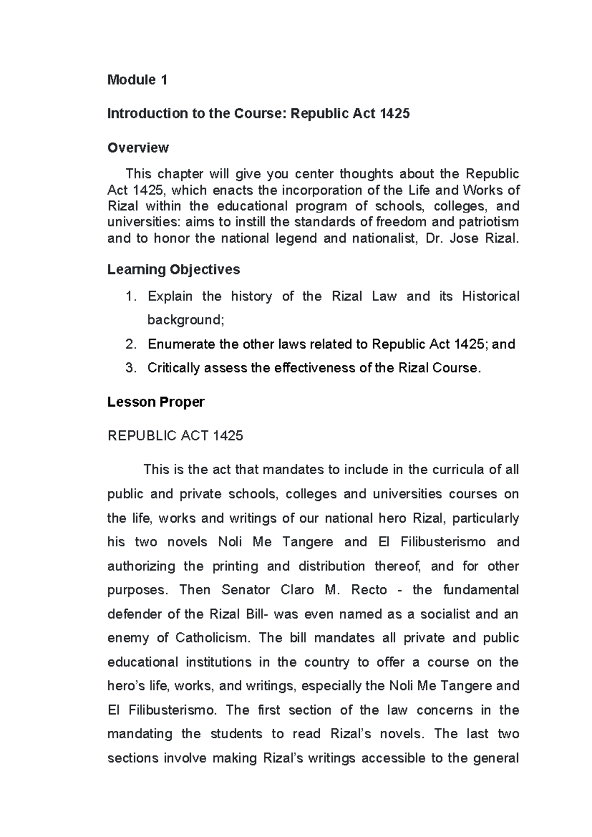 Module 1 (Rizal) - Module 1 Introduction to the Course: Republic Act ...