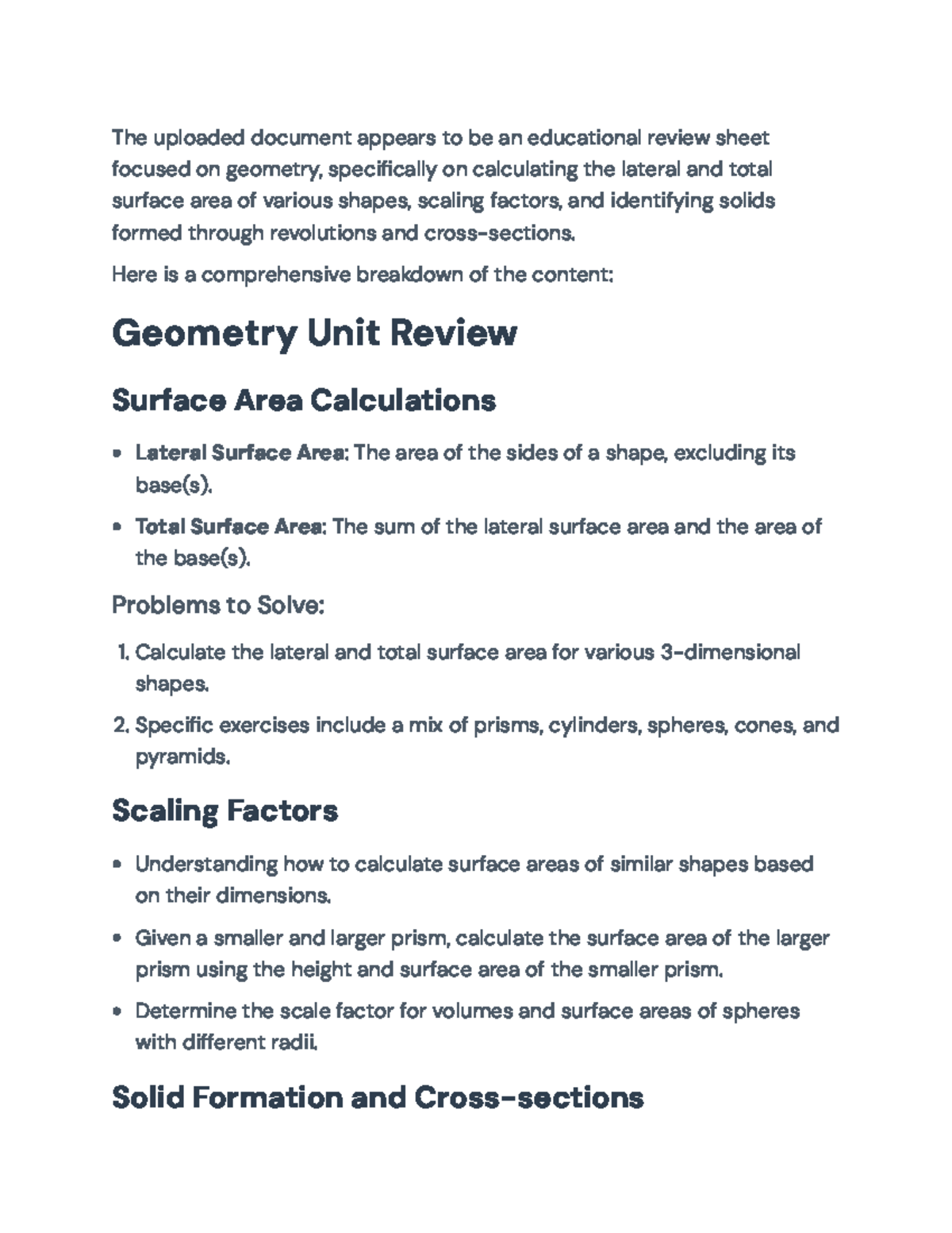 Geometry Unit Review: Surface Area Calculations & Solids - The uploaded ...