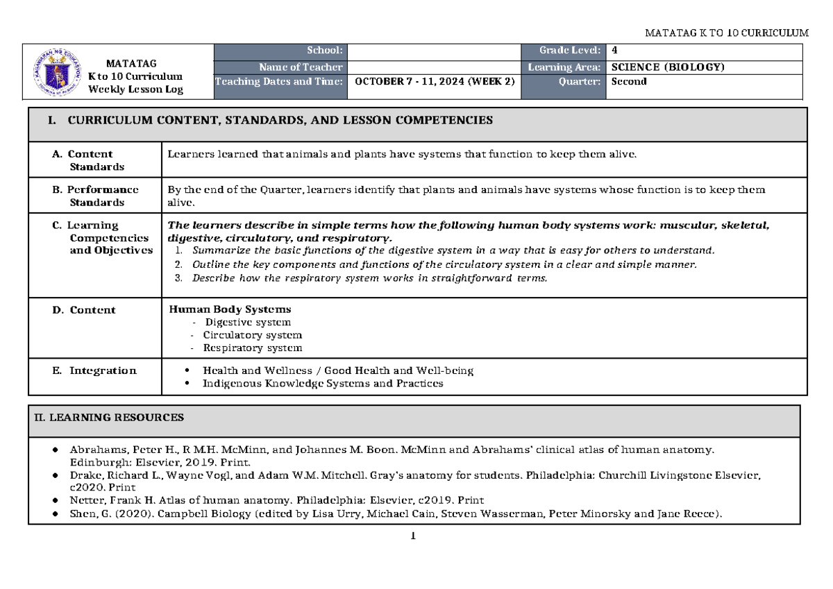 Science 4: Weekly Lesson Plan on Human Body Systems - Studocu