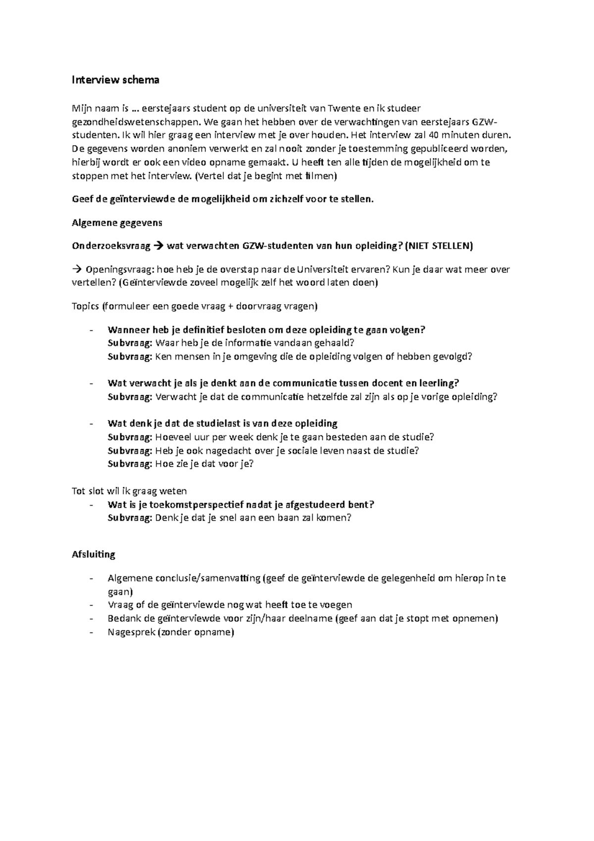Interviewschema voor GZW Studenten - Verwachtingen & Feedback - Studeersnel