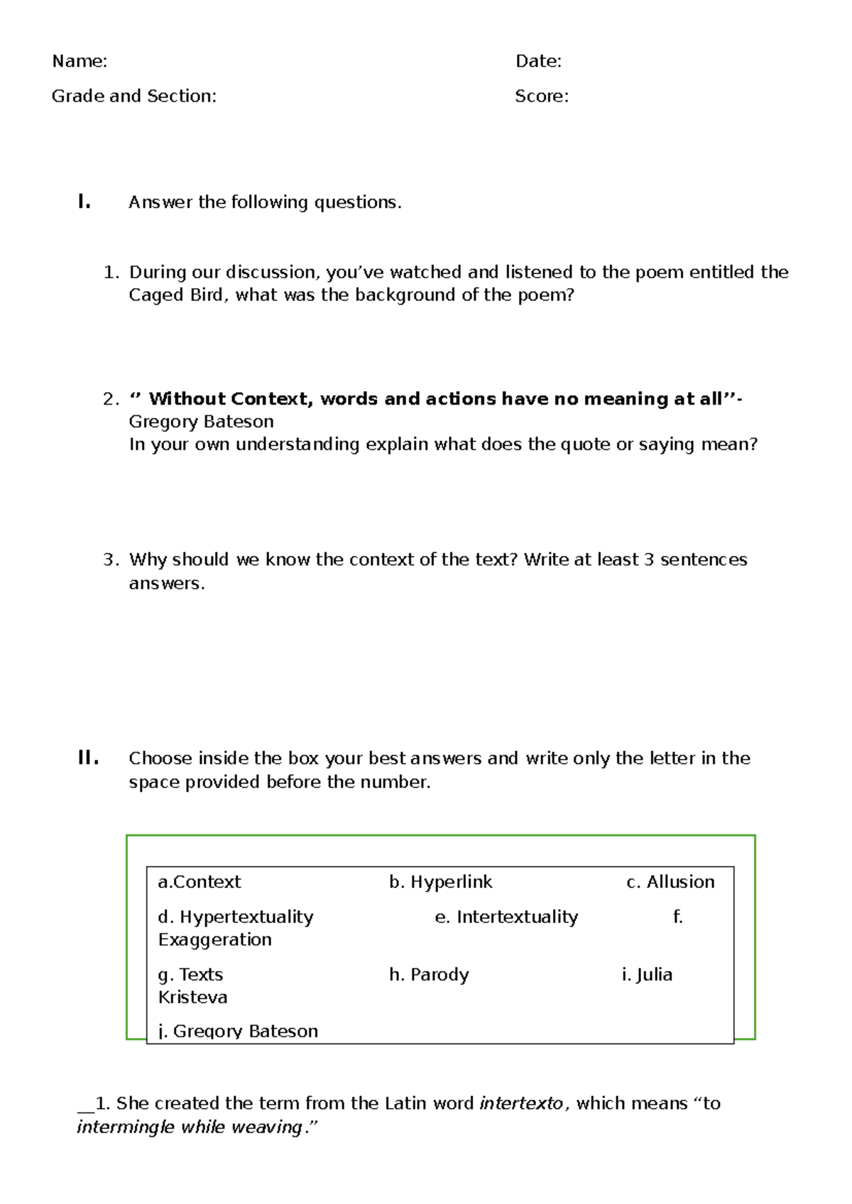 Grade 11 Long Quizz - Name: Date: Grade and Section: Score: I. Answer the following questions ...