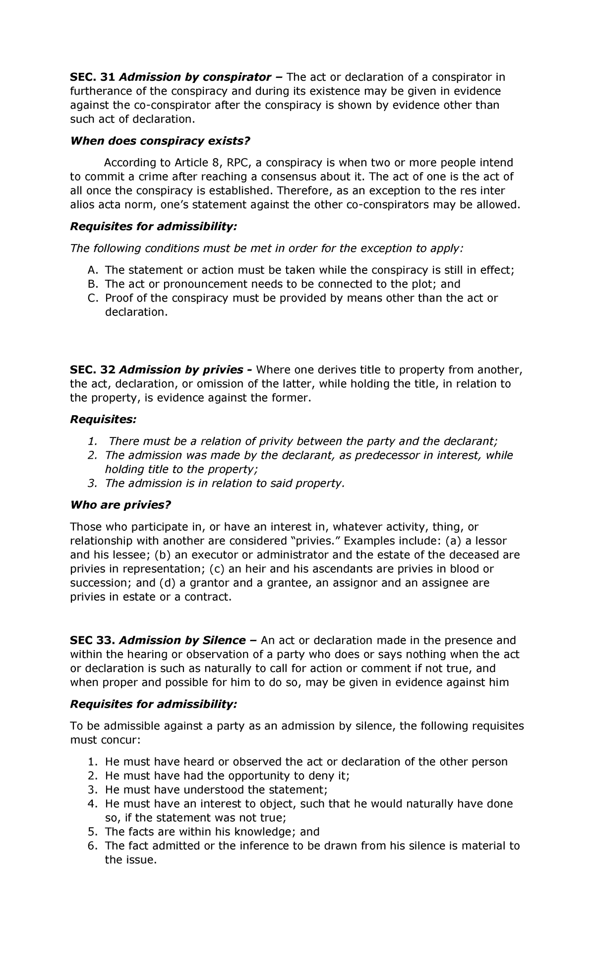 Rule 130: Sections 31-48 on Admissions and Evidence - Studocu