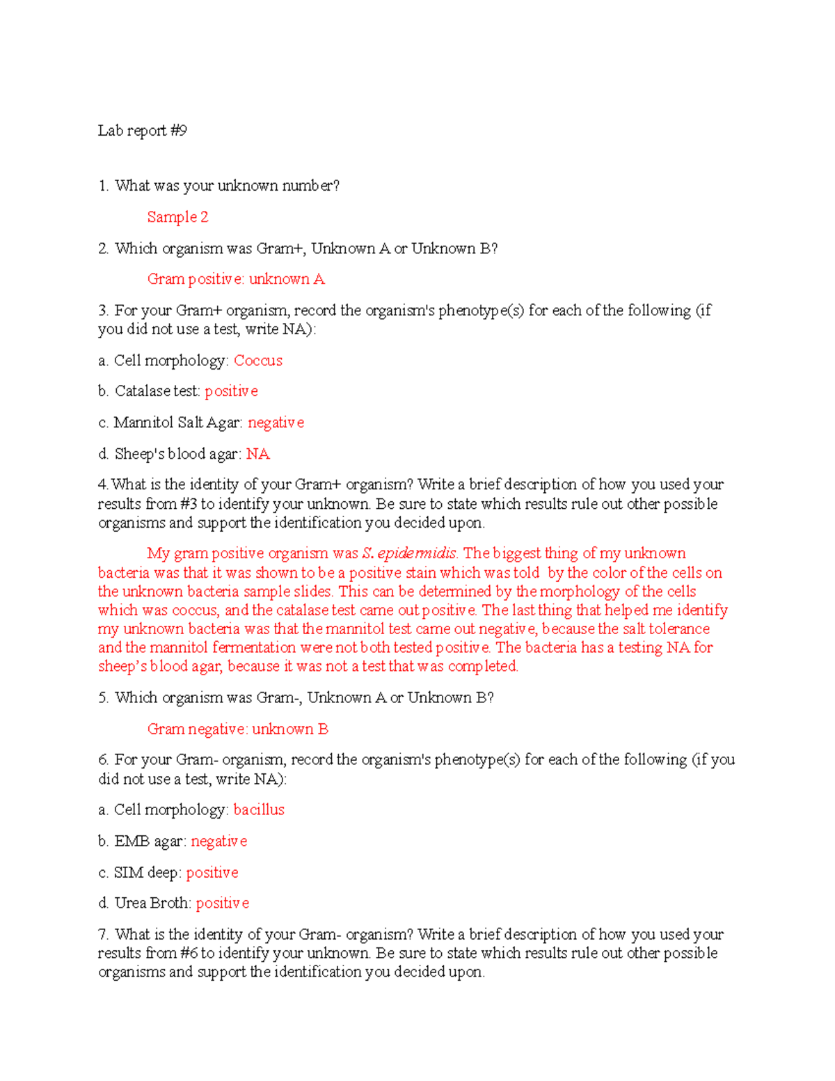 Lab Report #9 - Identification of Gram+ and Gram- Organisms in ...