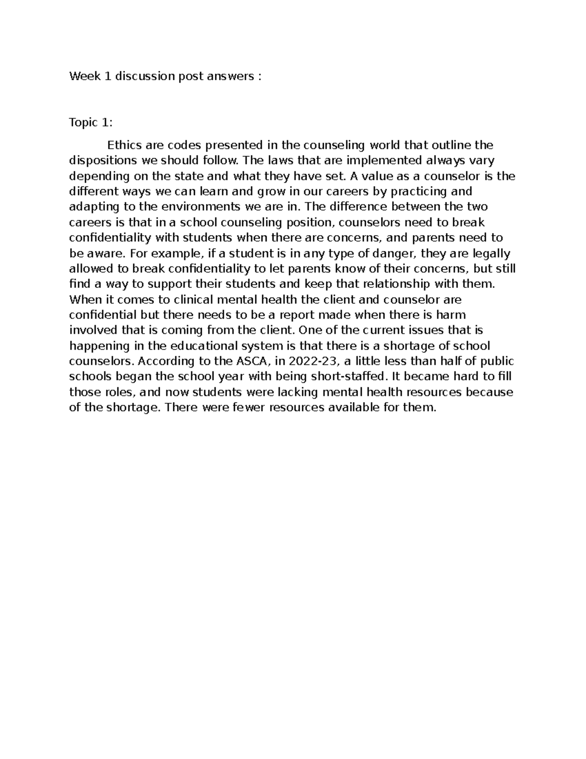 Week 1 Discussion Post: Ethics in Counseling Practices - Studocu