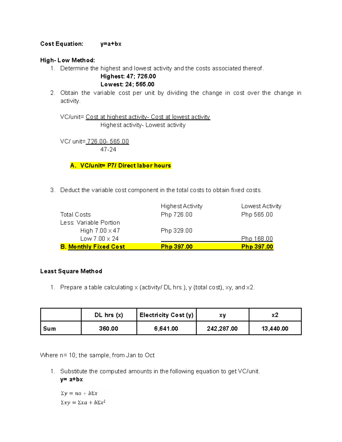 MAS- Cost Equations: High-Low & Least Square Methods Explained - Studocu
