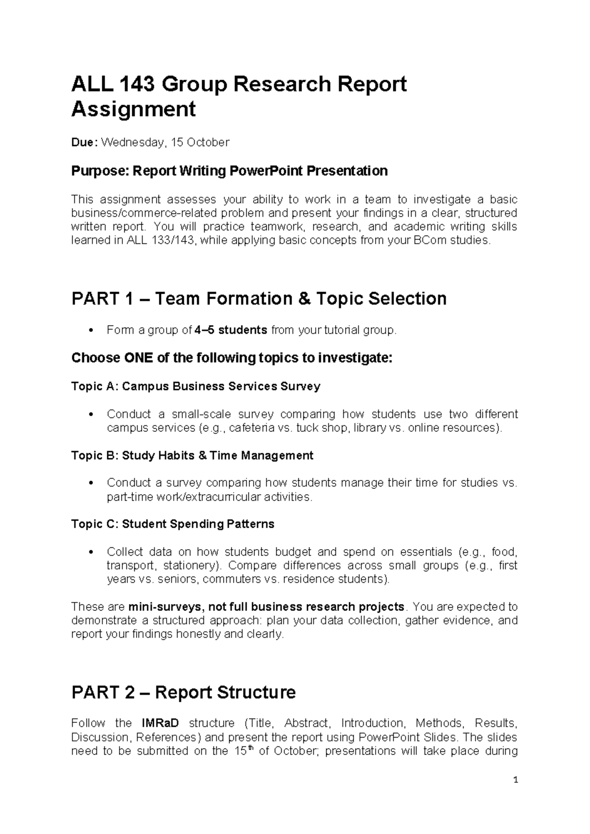 ALL 143 Group Research Report Assignment Guidelines and Topics - Studocu