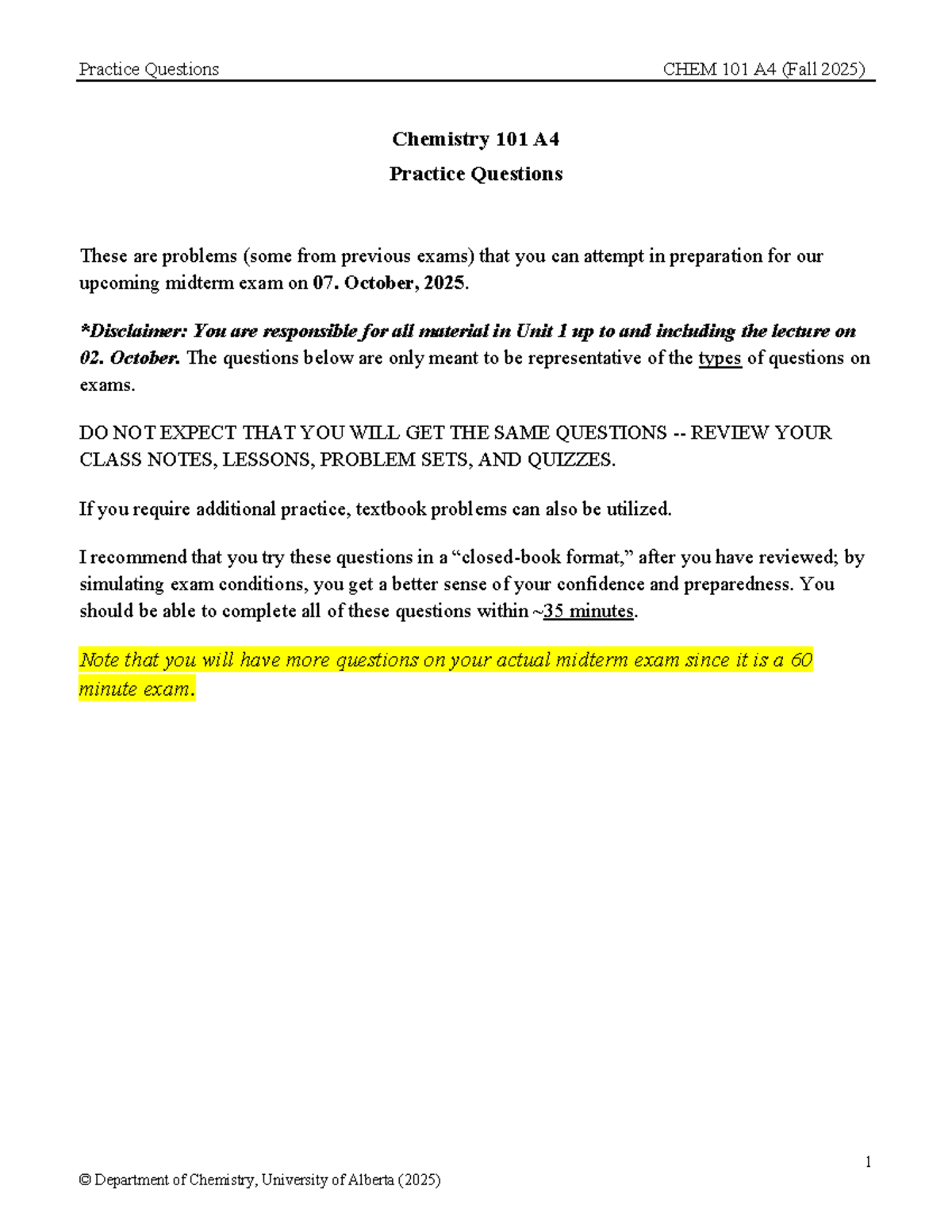 Midterm Practice Questions for CHEM 101 A4 (Fall 2025) - Studocu
