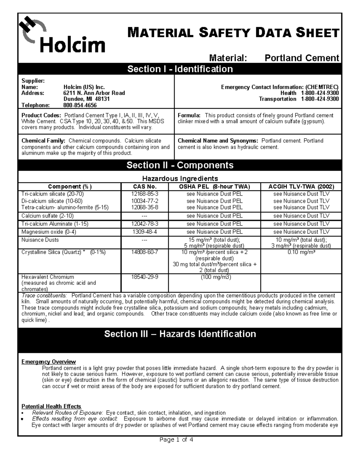 Lafarge Holcim Portland Cement MSDS (SDS) - 300003 - Studocu