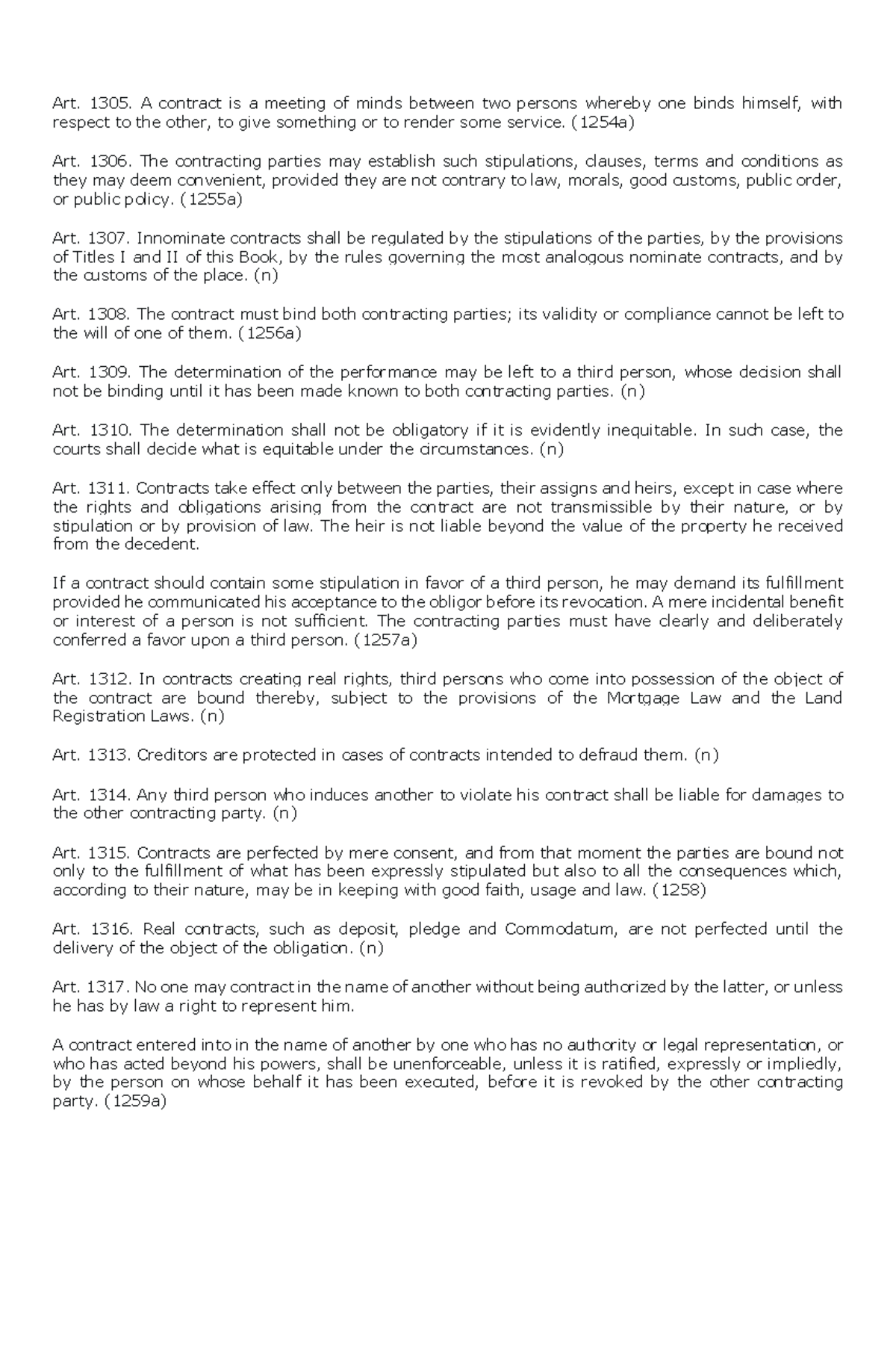 Civil Law Contracts: Key Articles and Principles (Week 9) - Studocu