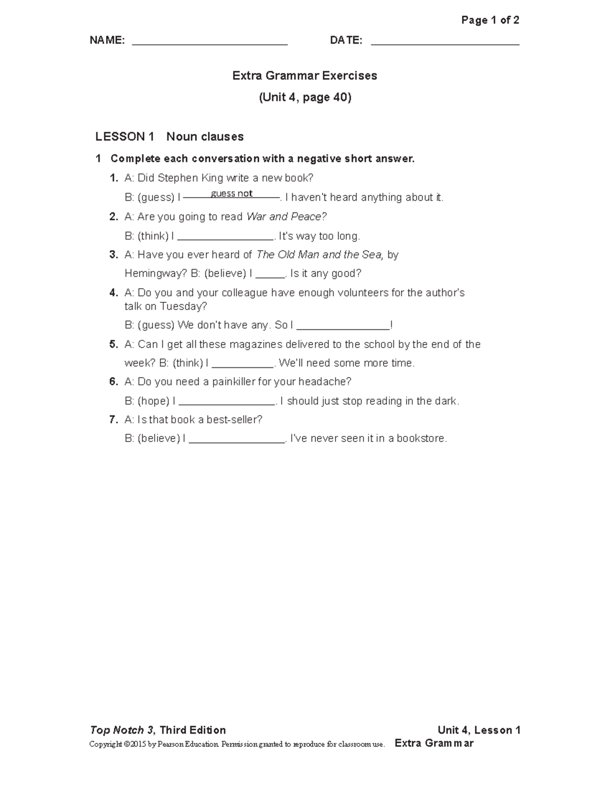 Top Notch 3 (Unit 4) Extra Grammar Exercises: Noun Clauses - Studocu