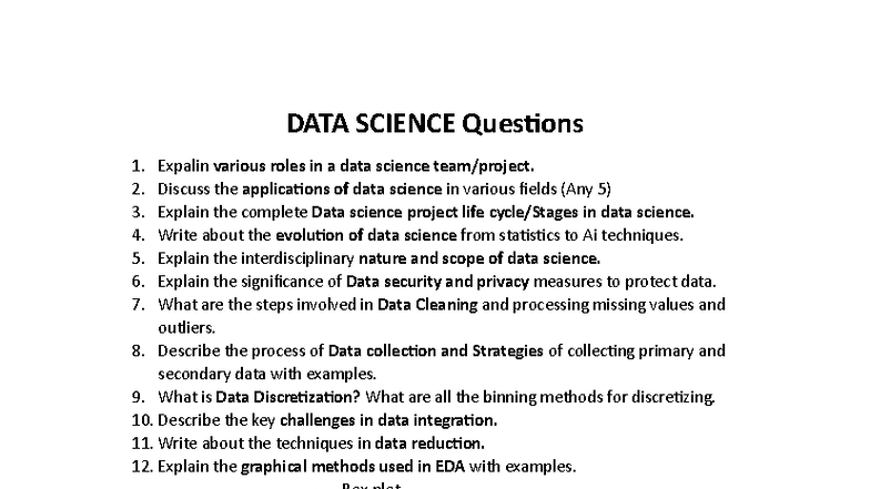 DATA 101: Comprehensive Data Science Questions and Concepts - Studocu