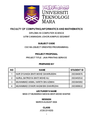CSC186 Proposal i - CSC186: OBJECT ORIENTED PROGRAMMING GROUP LAB ASSIGMENT Group : JCS1101I ...