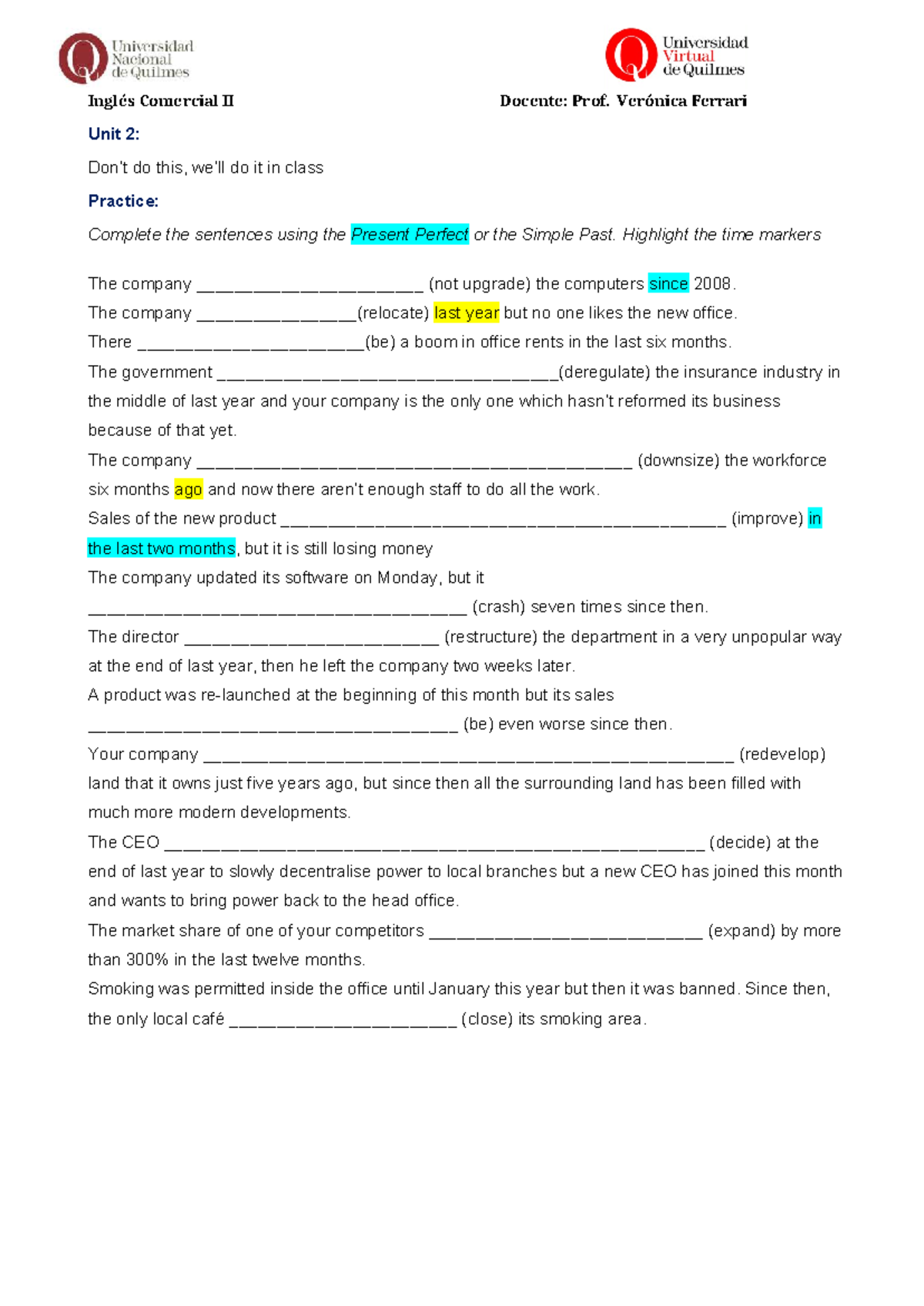 Inglés Comercial II: Unit 2 Present Perfect & Simple Past Practice 2025 ...