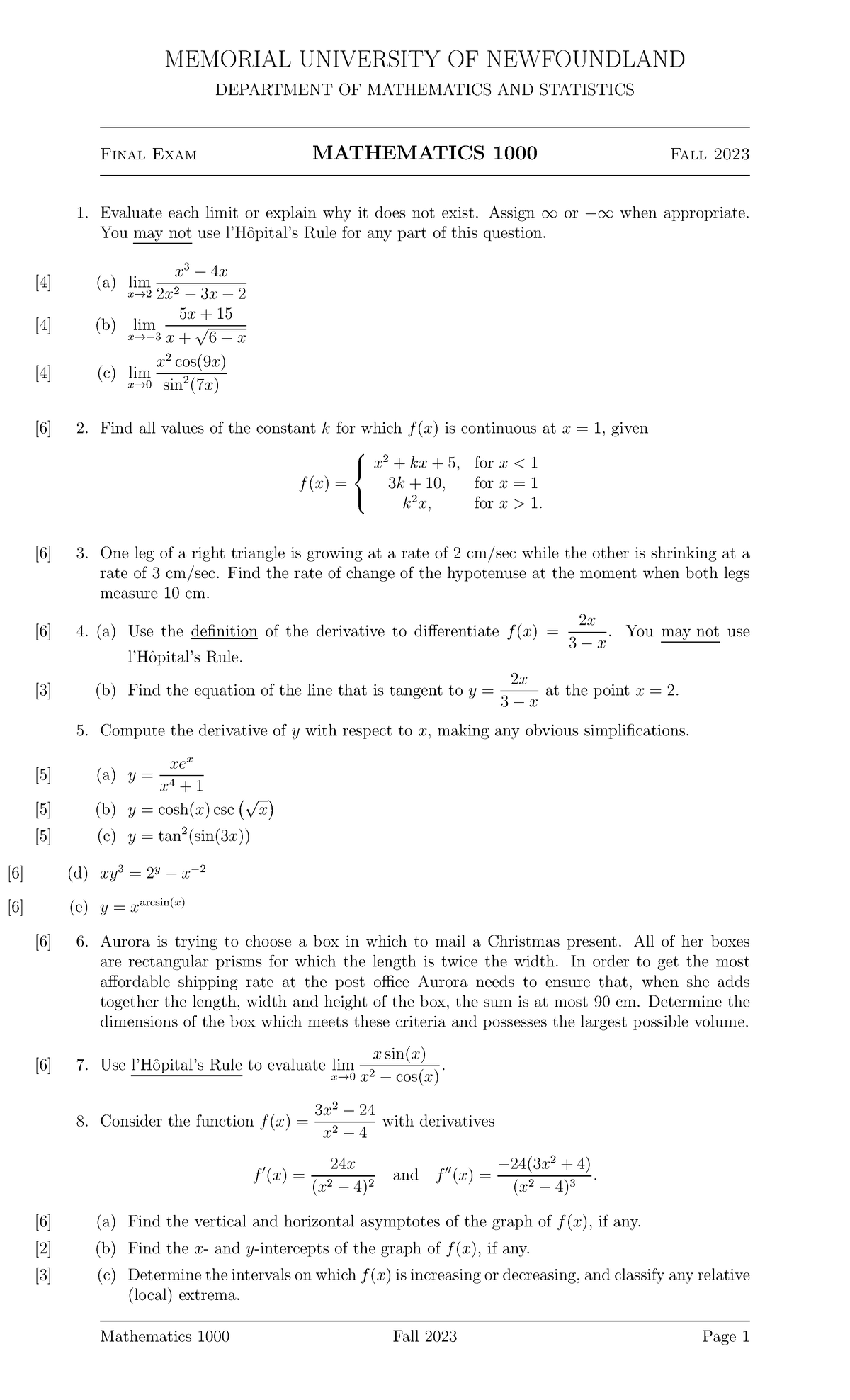Math 1000 Exam - Fall 23 - Practice Exam - MEMORIAL UNIVERSITY OF ...